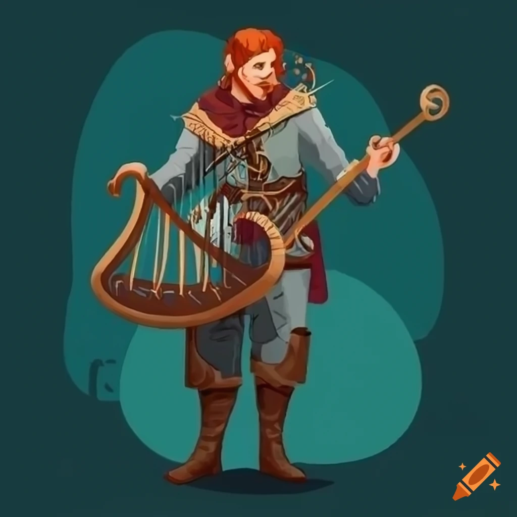 Male human bard with lyre in a fantasy setting on Craiyon