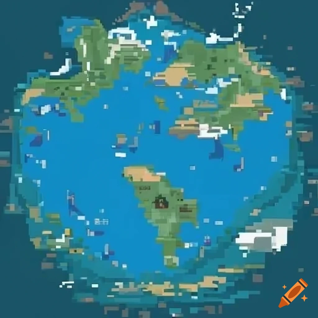 Pixel map of an imaginary world with additional oceans on Craiyon