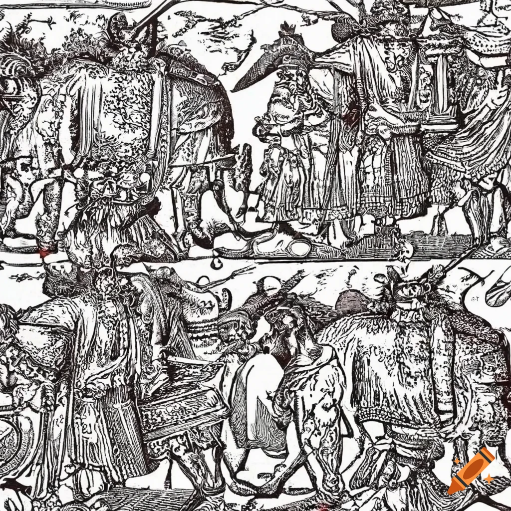 Mongol hordes depicted in black and white engraving style on Craiyon