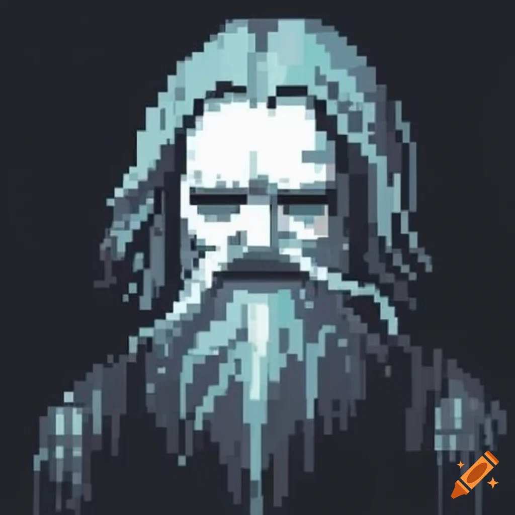 Pixel art wizard profile with grayscale beard on Craiyon