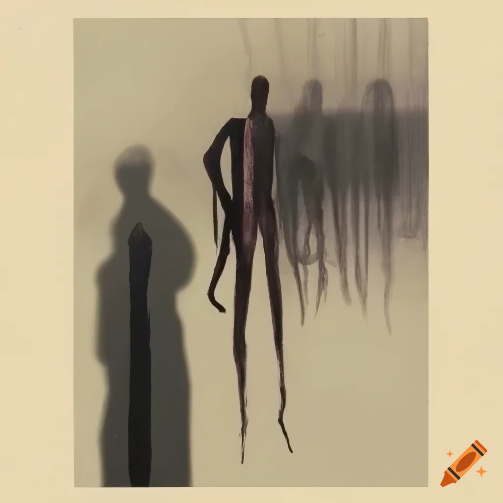 Mixed media art with distorted figures emerging from a dreamlike ...