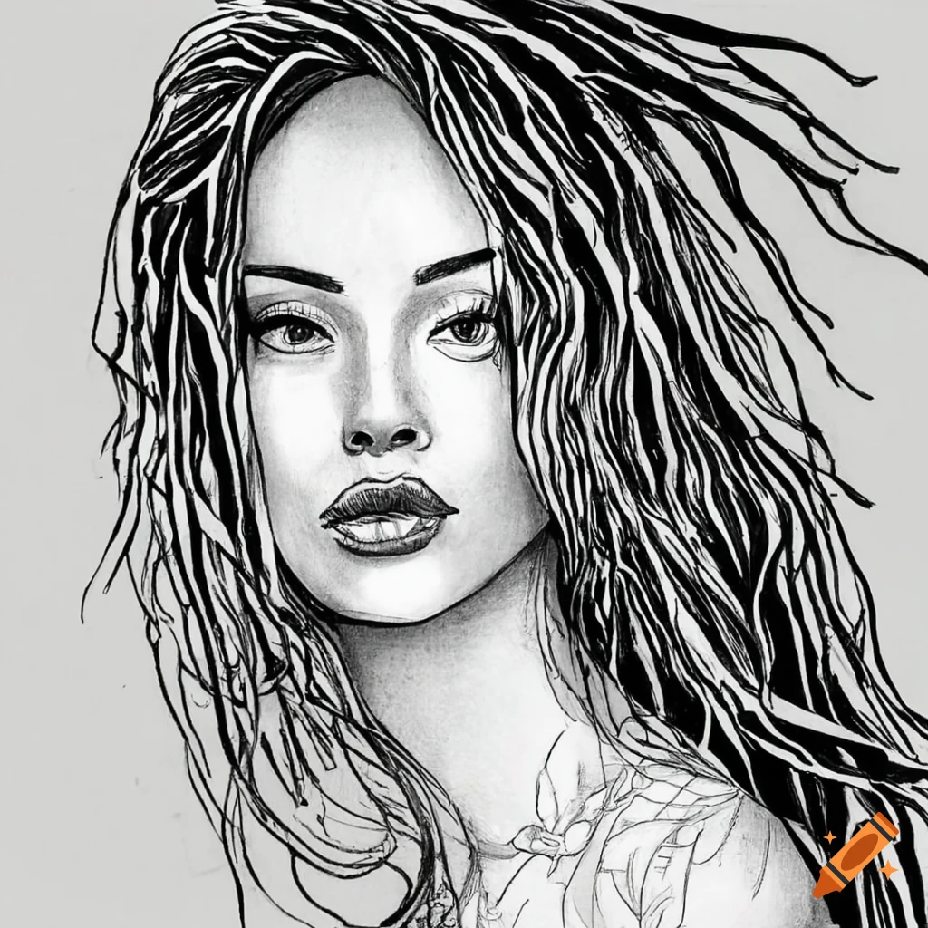 Beautiful woman in dress black and white ink drawing on Craiyon