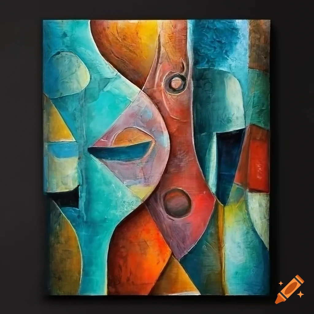 Textured cubism painting with various elements and harmonious colors on ...