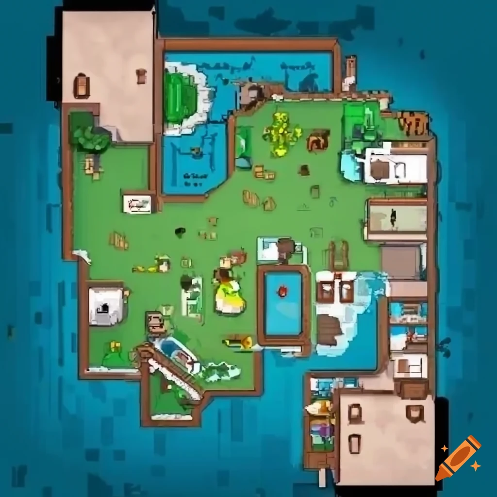 Bird's eye view pixel art living room game map on Craiyon