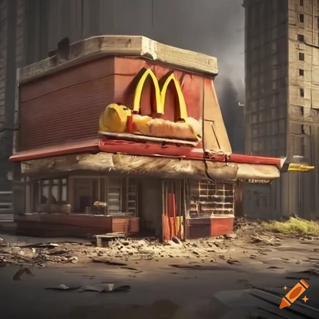Abandoned McDonald's restaurant in a post-apocalyptic landscape on Craiyon