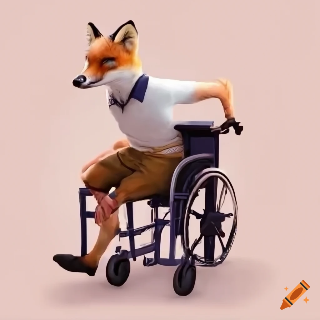 Male anthropomorphic fox in wheelchair with white polo shirt and sand ...