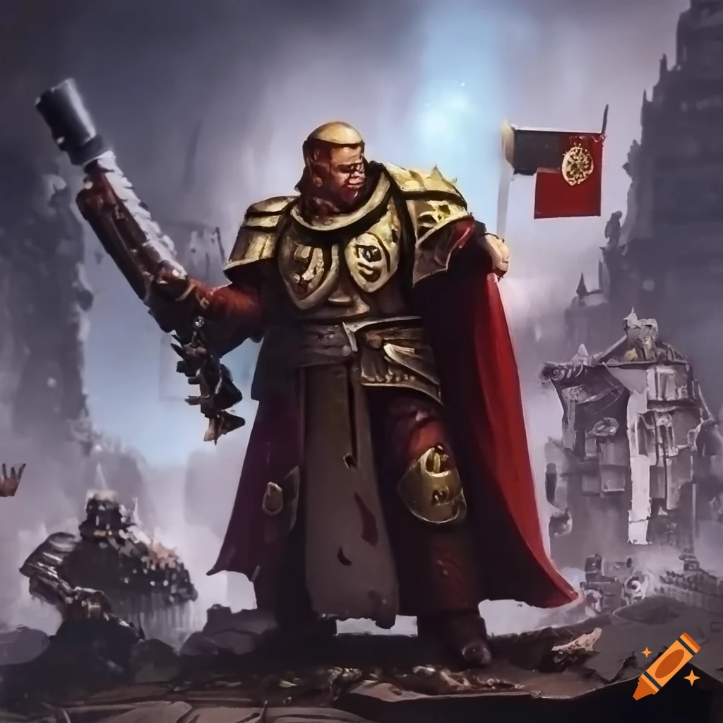 Warhammer cadia imperial guard encamped in a city on Craiyon