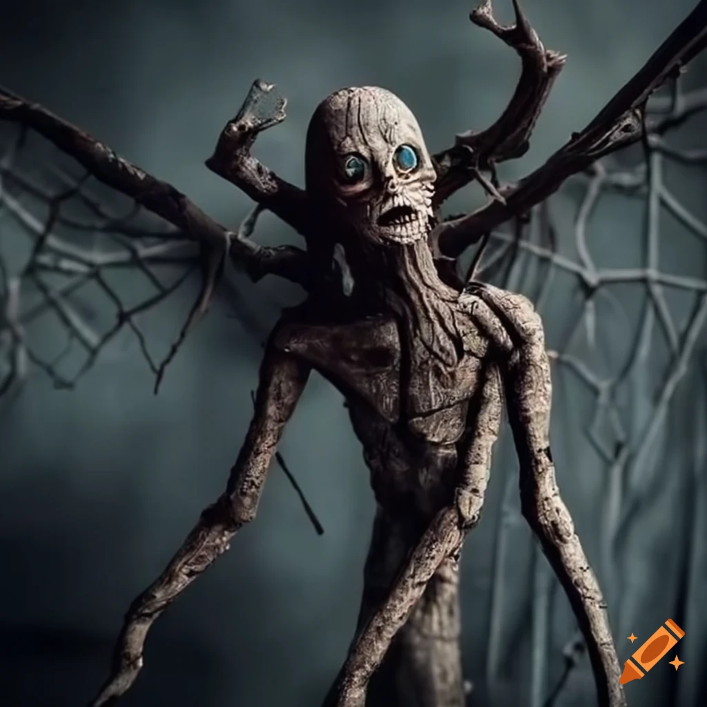 Creepy wooden creature with branch wings and web on Craiyon