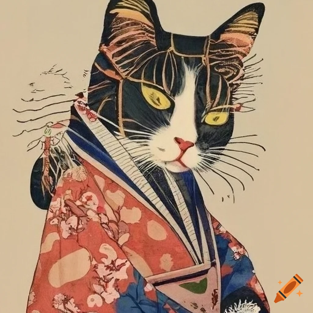 Calico cat in kimono with japanese style art and flower patterns on Craiyon