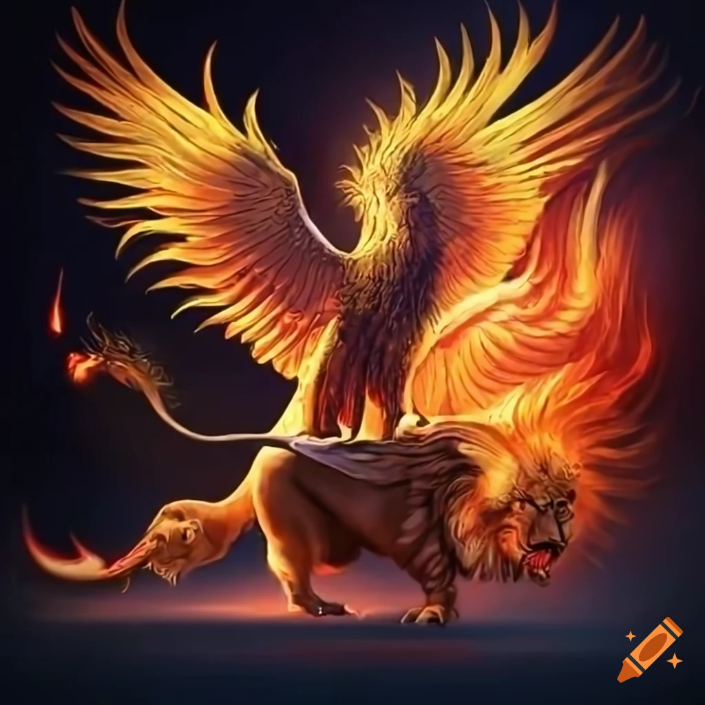 Lion standing on a big stone with a fierce expression, phoenix flying ...