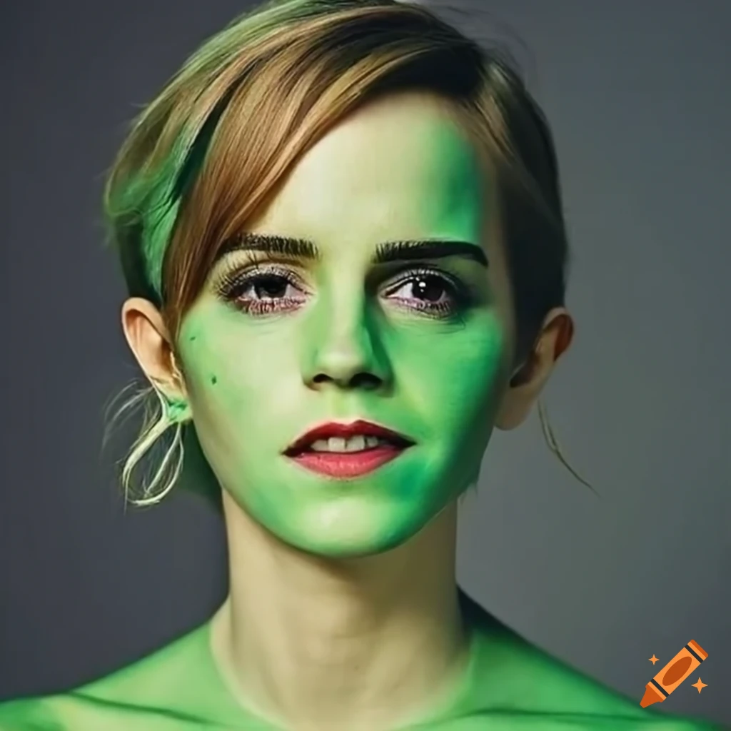 Emma Watson with face painted green portraying 'The Mask' on Craiyon