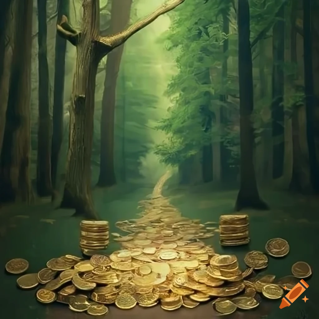 Hyperrealist forest path leading to piles of golden coins on Craiyon