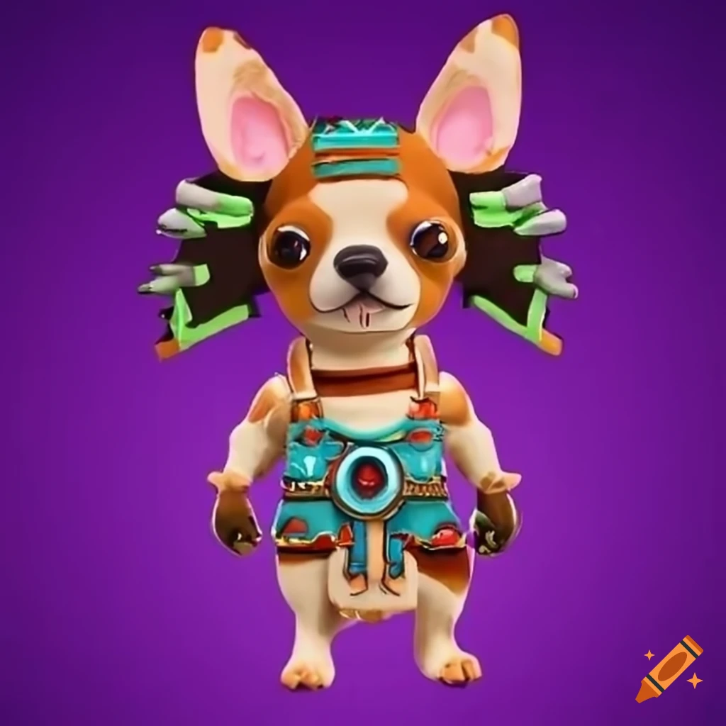 Fortnite-style chihuahua aztec with big boomerang ears on Craiyon