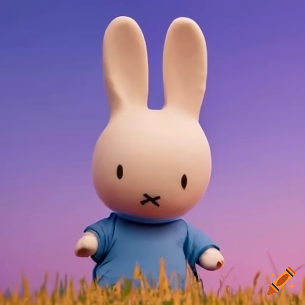 Miffy sitting in a field with a purple sunset on Craiyon