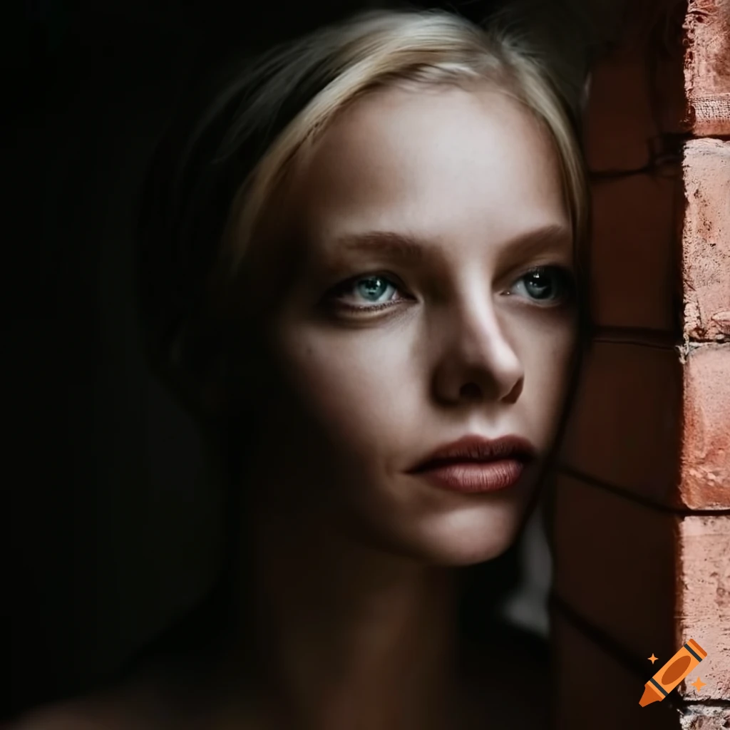 Beautiful Woman With Short Blond Hair Posing Near An Old Brick Wall On