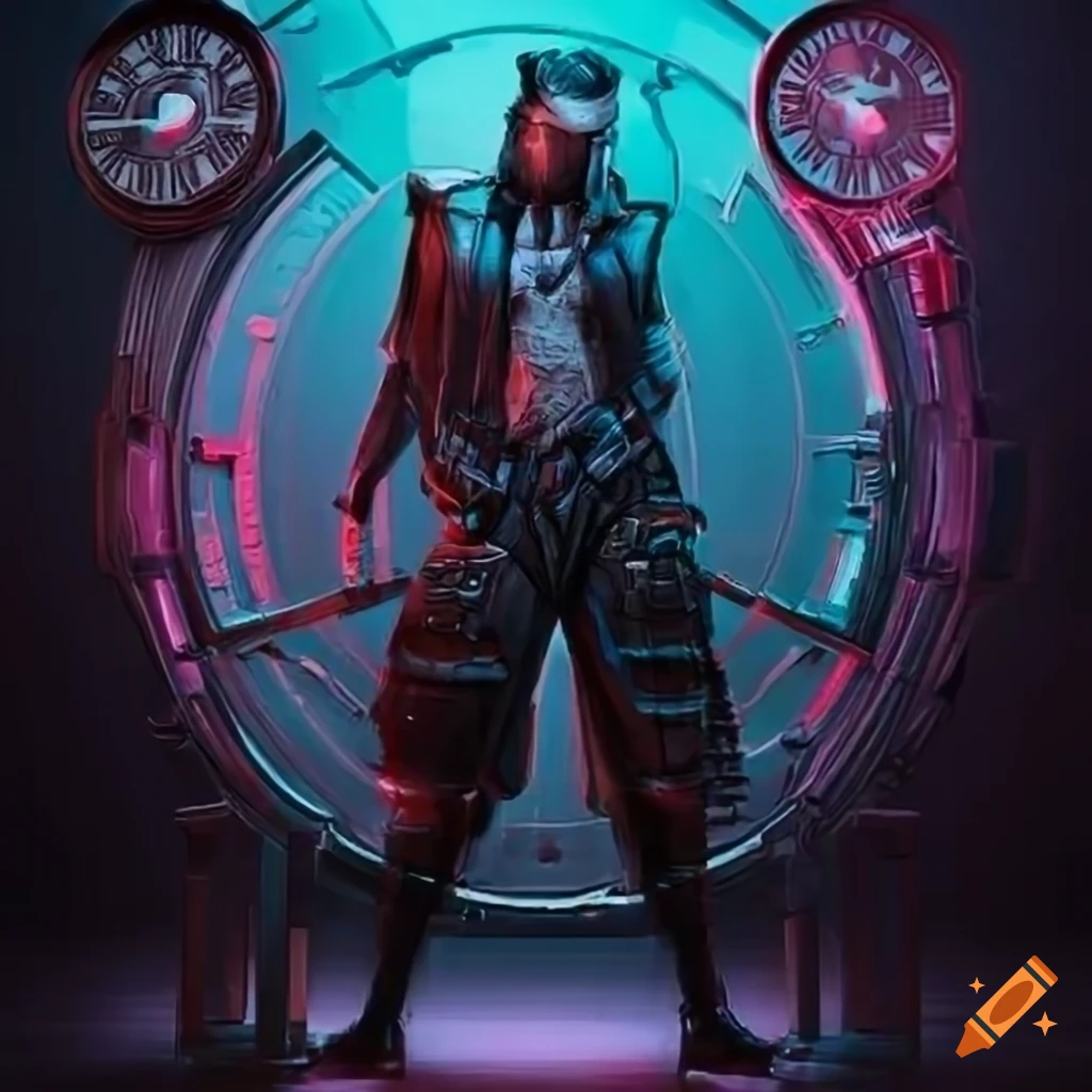 Cyberpunk chronomancer standing in front of a clock on Craiyon