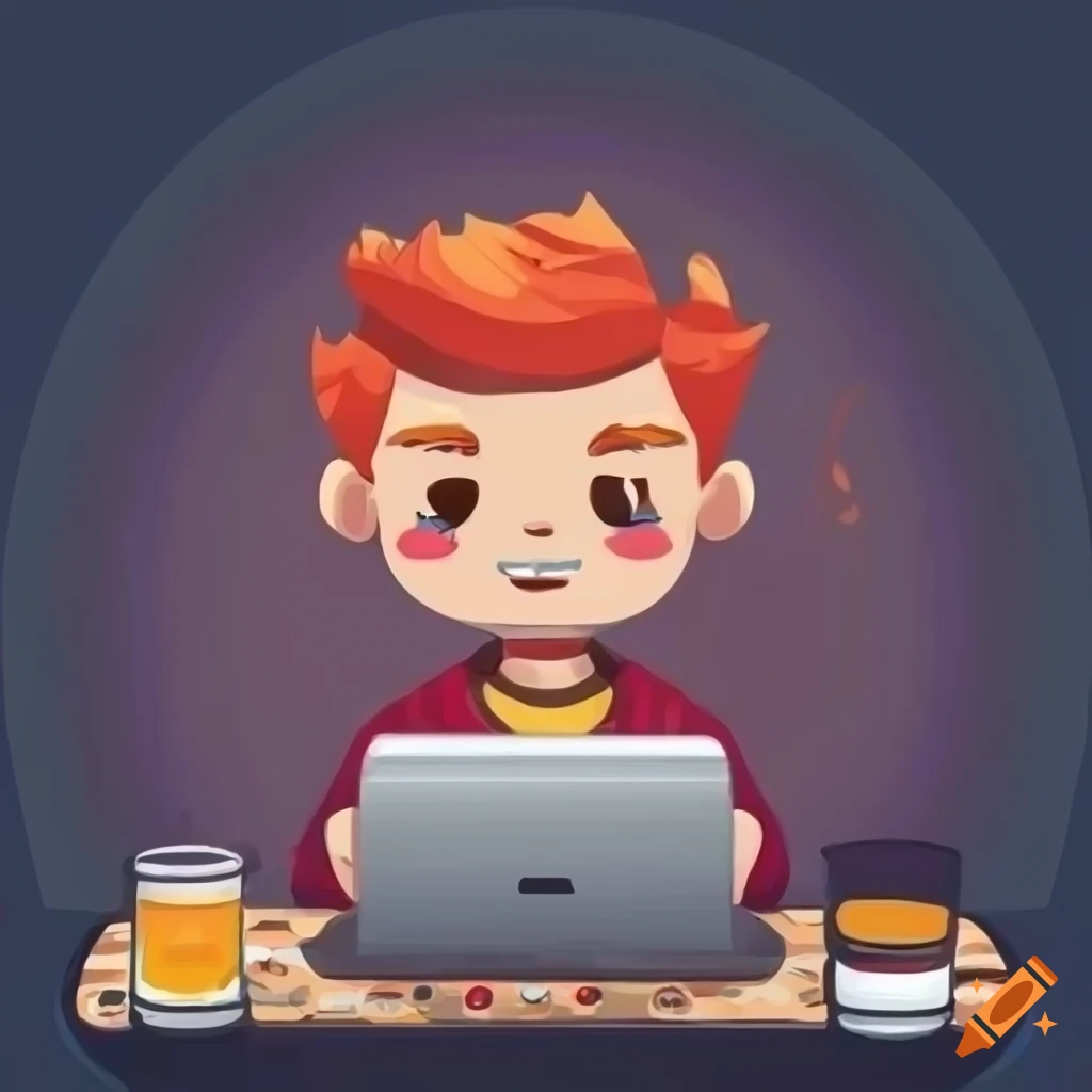 Vector graphic of a game developer with red hair working on computer on ...