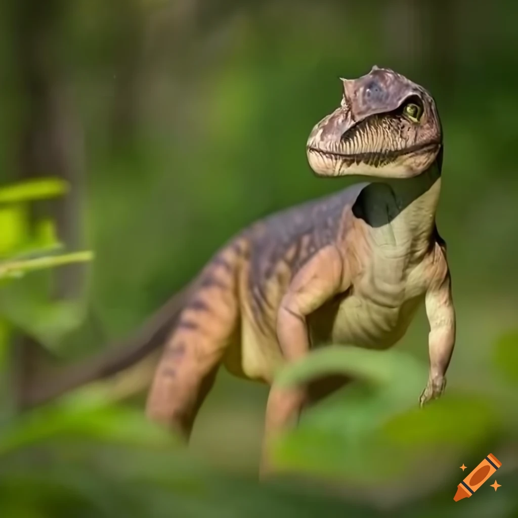 Olive-brown striped anatosaurus hidden in tall wild vegetation on Craiyon