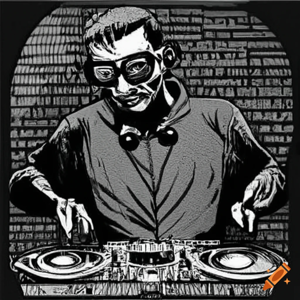 Comic noir depiction of a techno dj on Craiyon