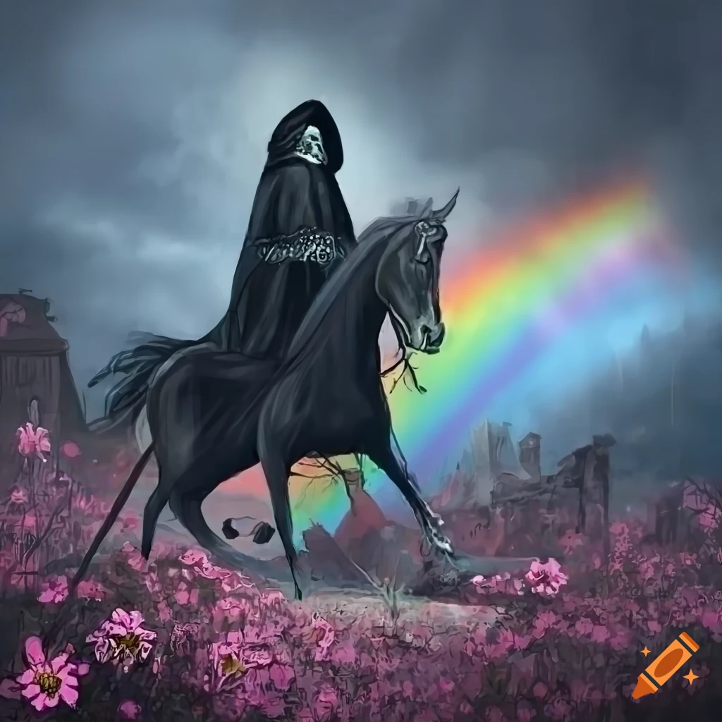 Grim Reaper riding on horseback through post-apocalyptic ruins with a ...