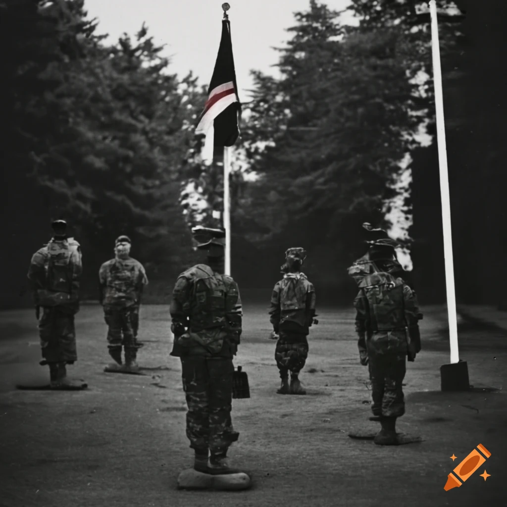 Small military base with flagpole and soldiers on Craiyon