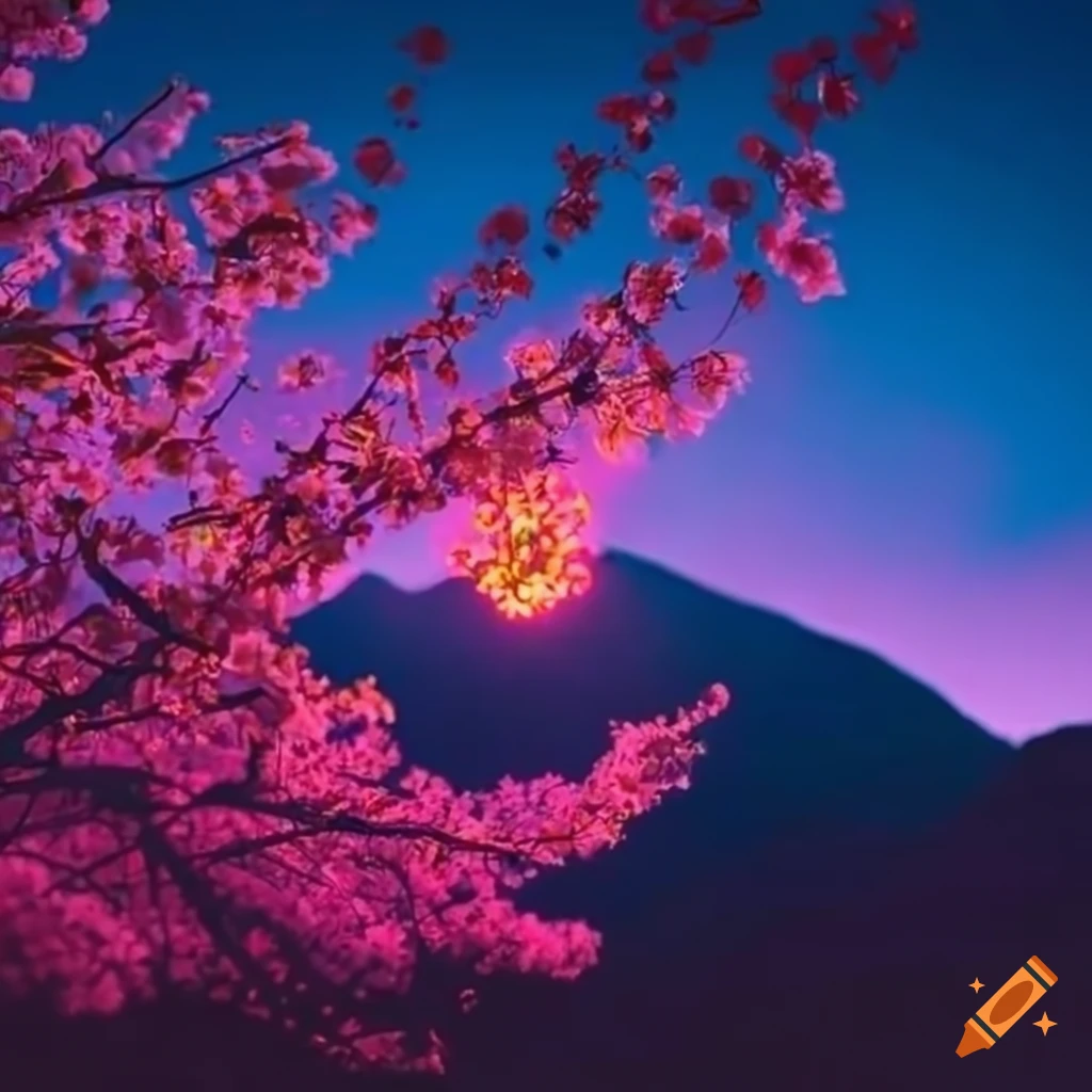 Neon cherry blossom in front of a mountainous landscape on Craiyon