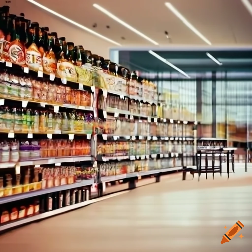 Supermarket lobby with beverage items on shelves on Craiyon