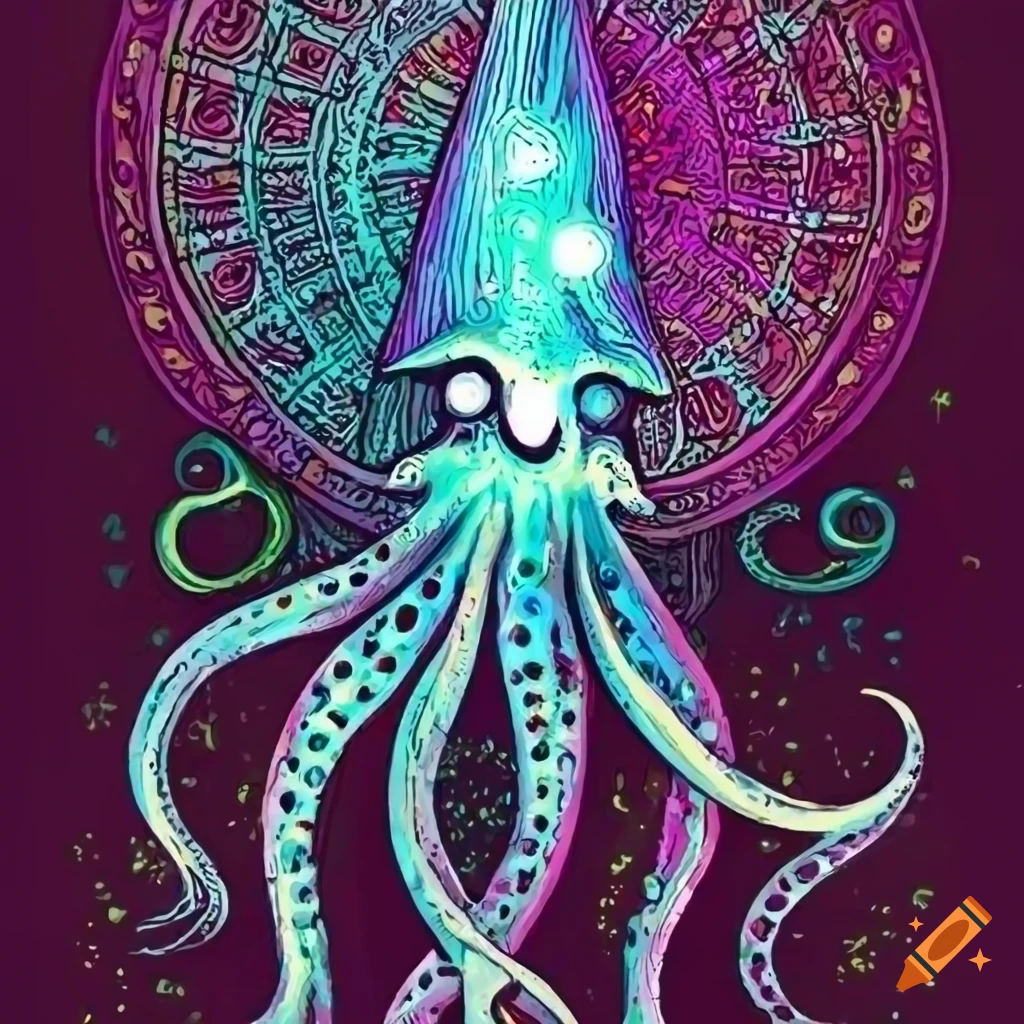 Colorful ancient illustration of luminous squid in tarot card style on ...