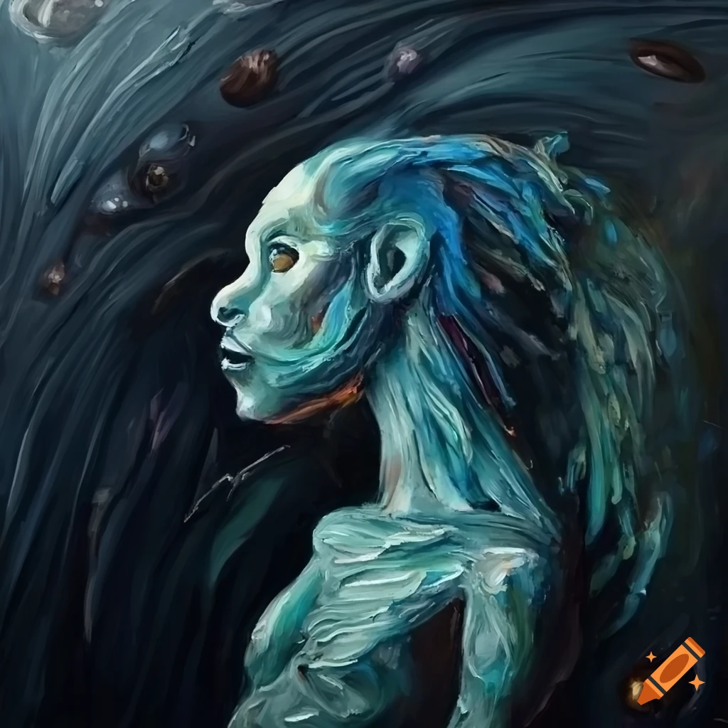 Surreal landscape with a half-human, half-animal creature contemplating ...