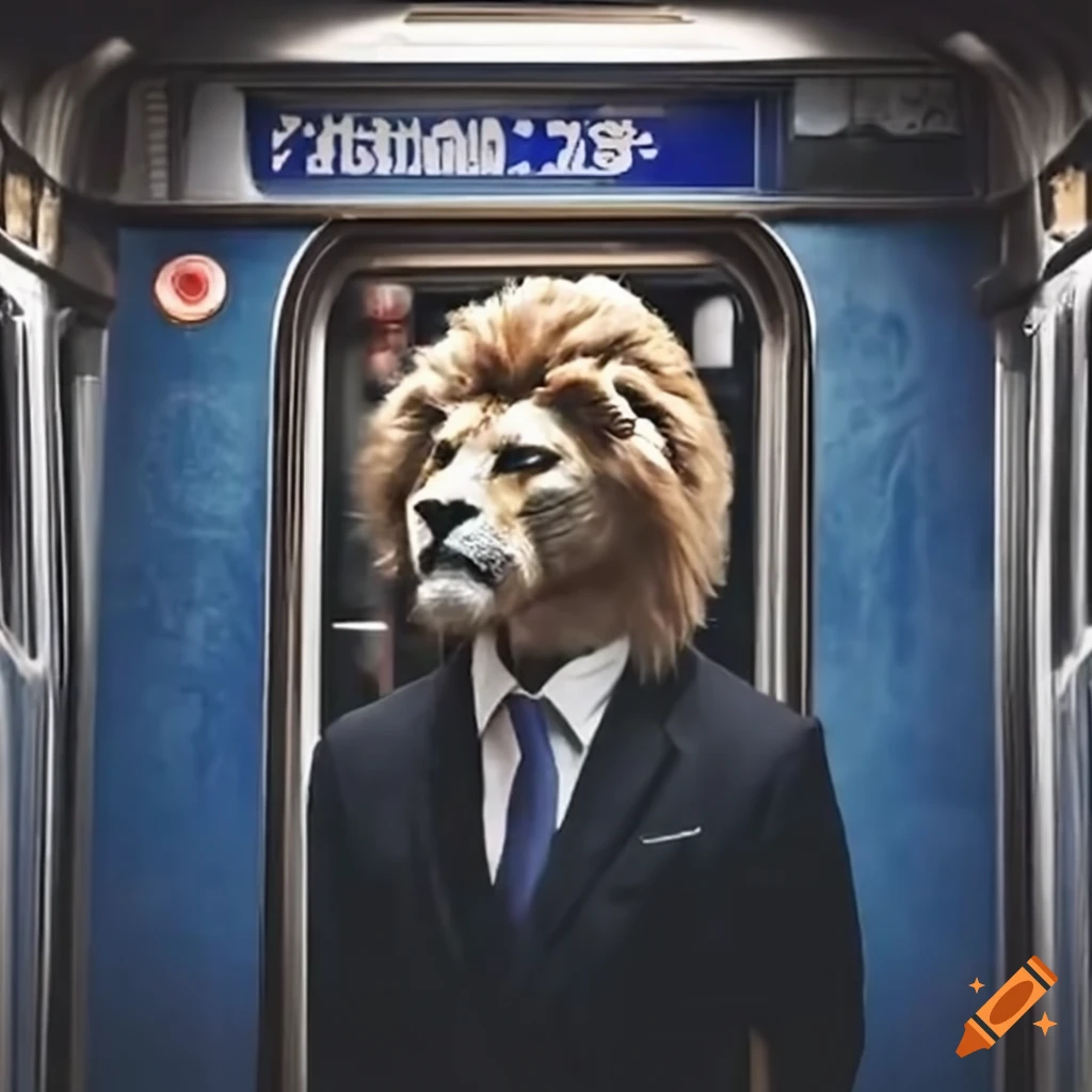 Man in suit with lion head in nyc subway on Craiyon
