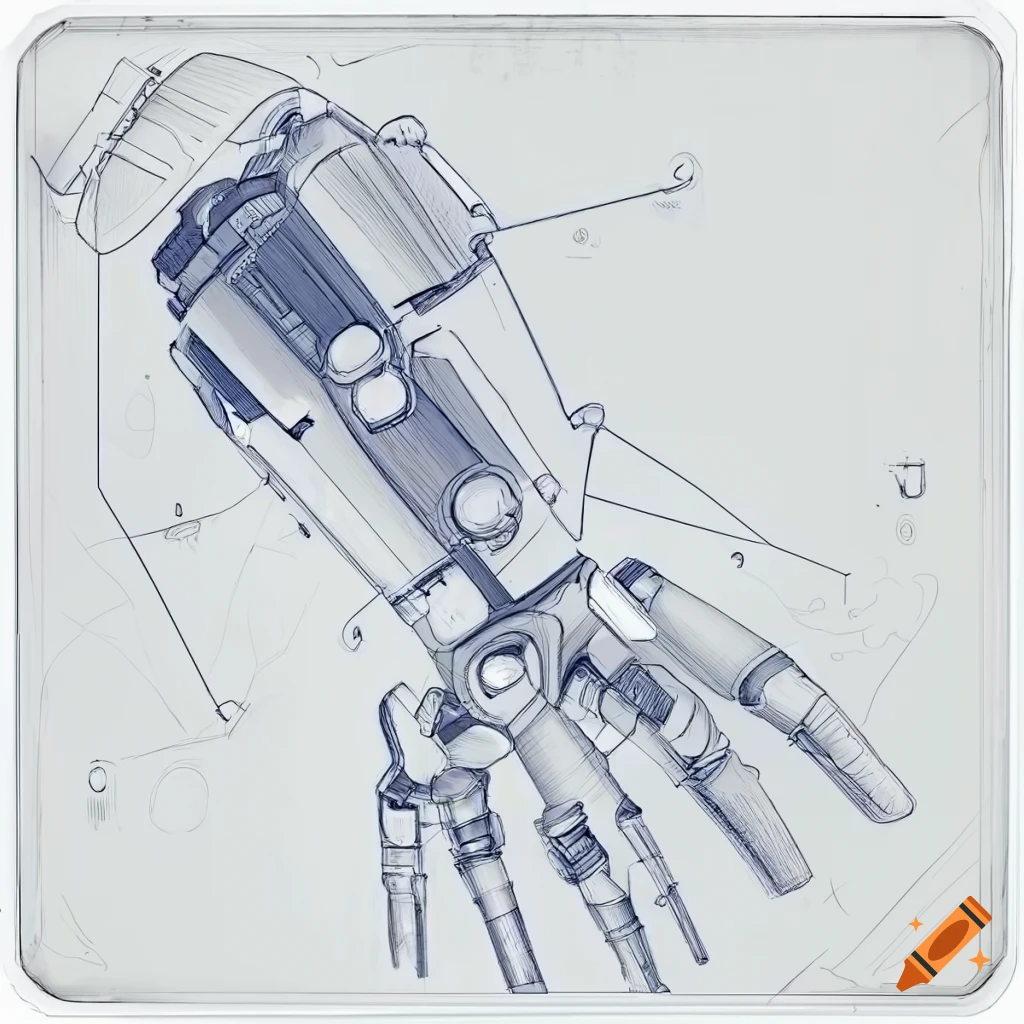 Blueprint of a mechanical prosthetic hand and arm with complex ...