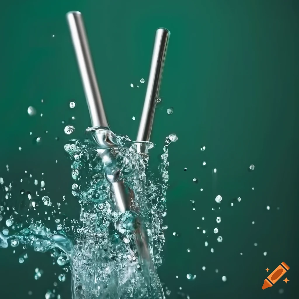 Splashing water around stainless steel straws with dark green ...