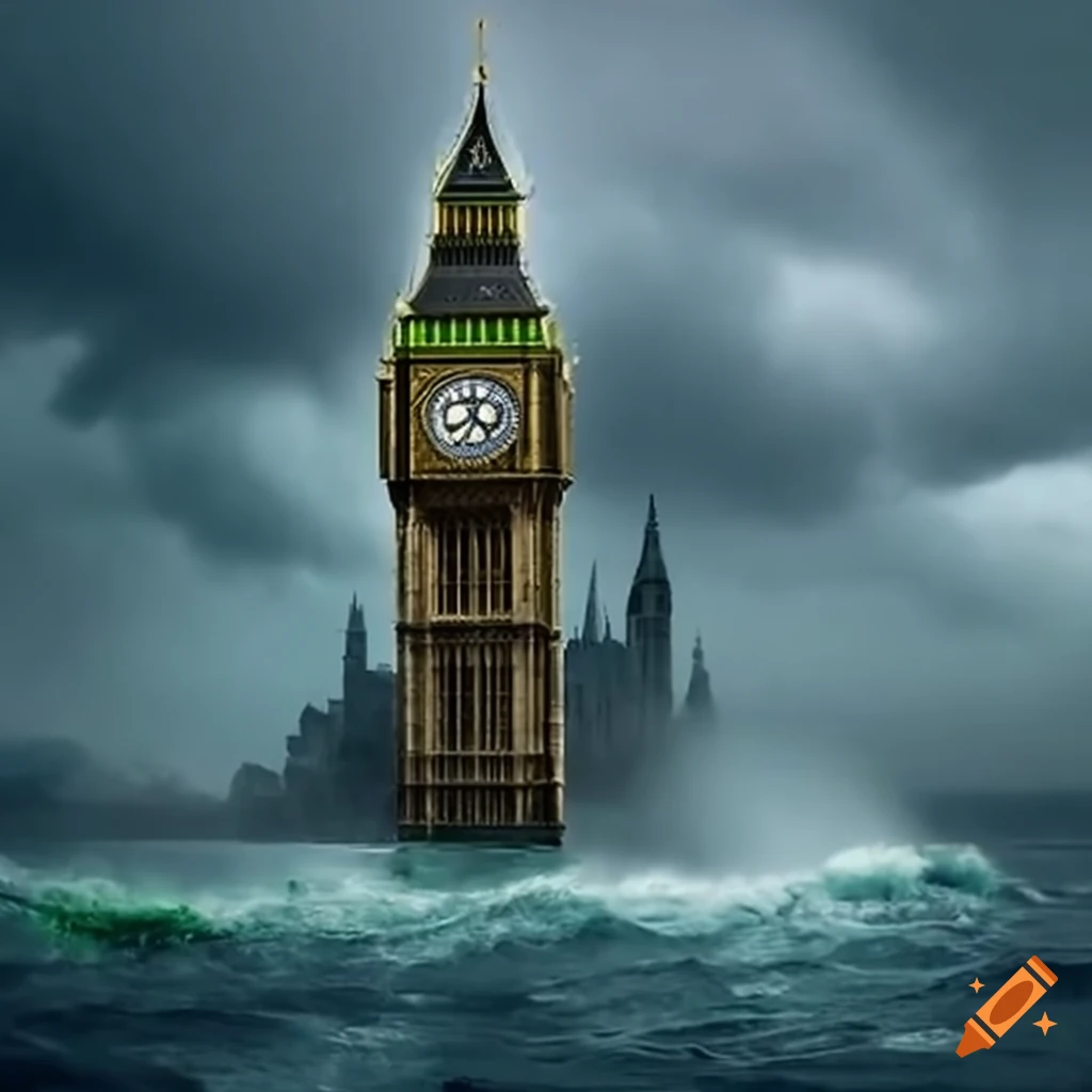 Apocalyptic big ben ruins floating above storm waters in a hurricane on ...