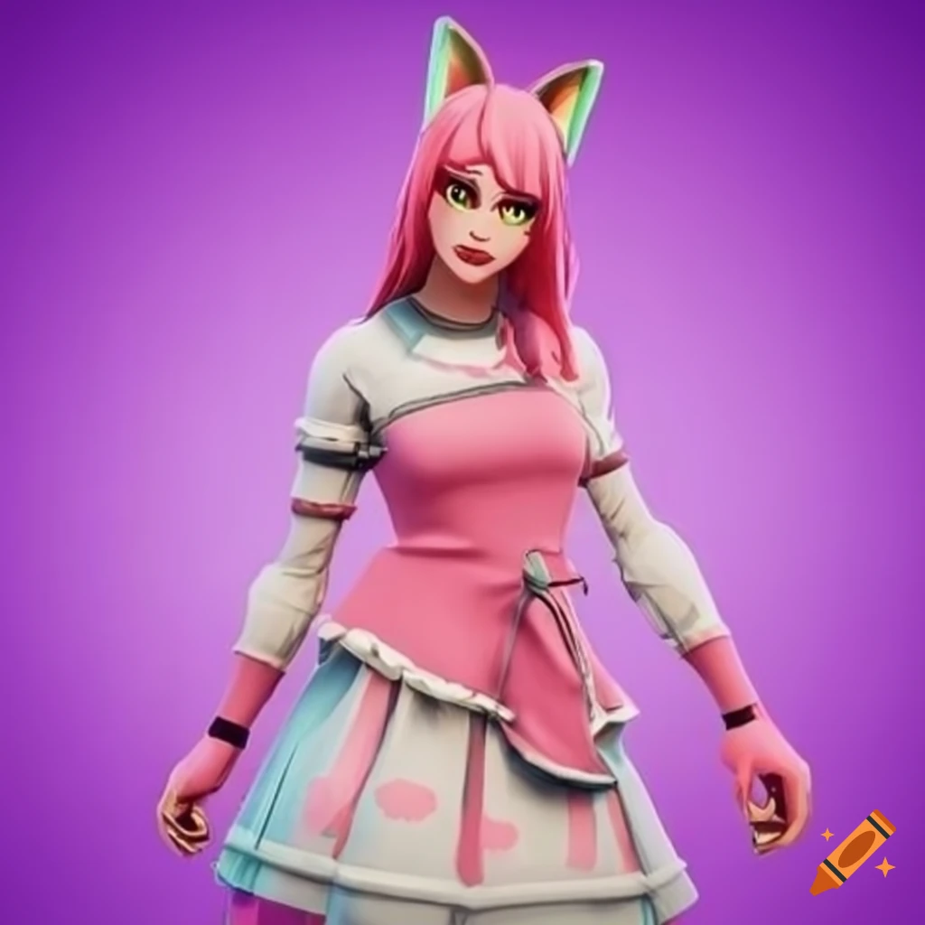 Fortnite skin with woman wearing cute pastel dress and cat ears on Craiyon
