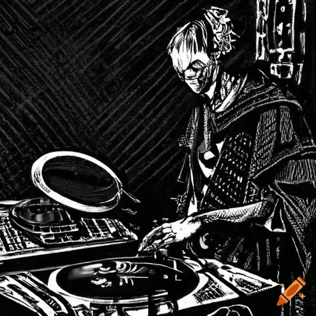 Comic noir depiction of a japanese samurai techno dj on Craiyon