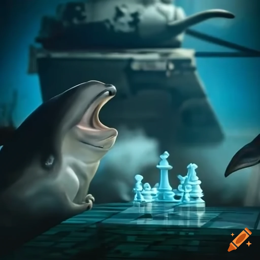 Dolphins playing chess in a world war two tank with John Candy laughing ...