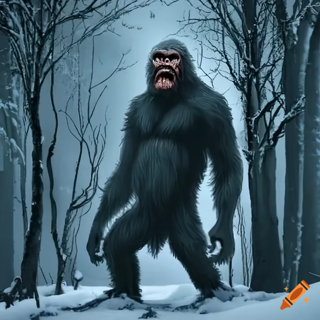 Tribal bigfoot in a snowy setting on Craiyon