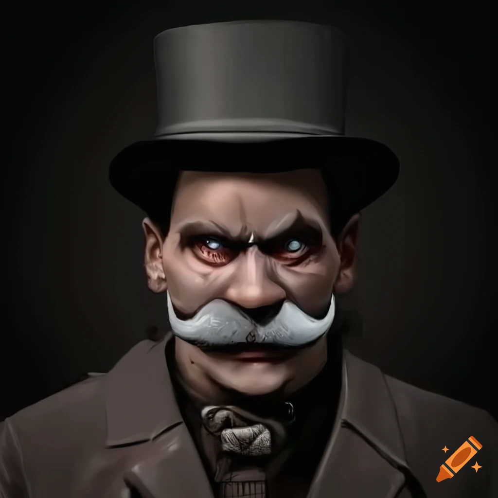 Sinister black and white era villain with mustache, top hat, and trench ...