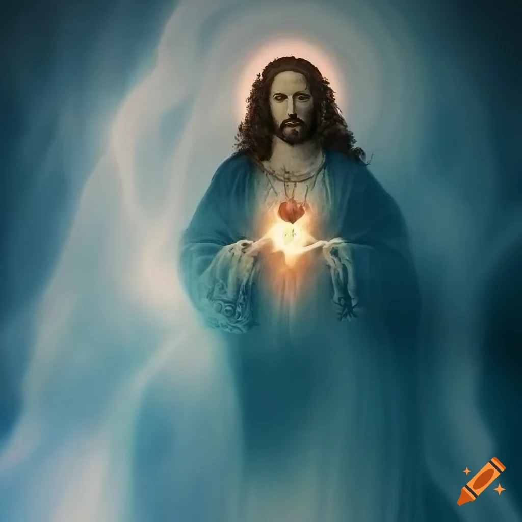 Luminous spectral Jesus Christ with pale spectral fire Sacred Heart on ...