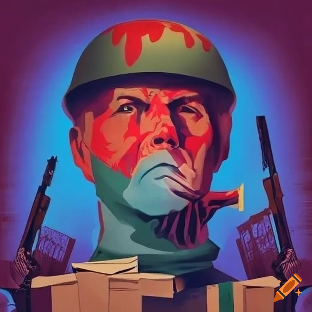 Cold war themed propaganda poster against cardboard boxes on Craiyon