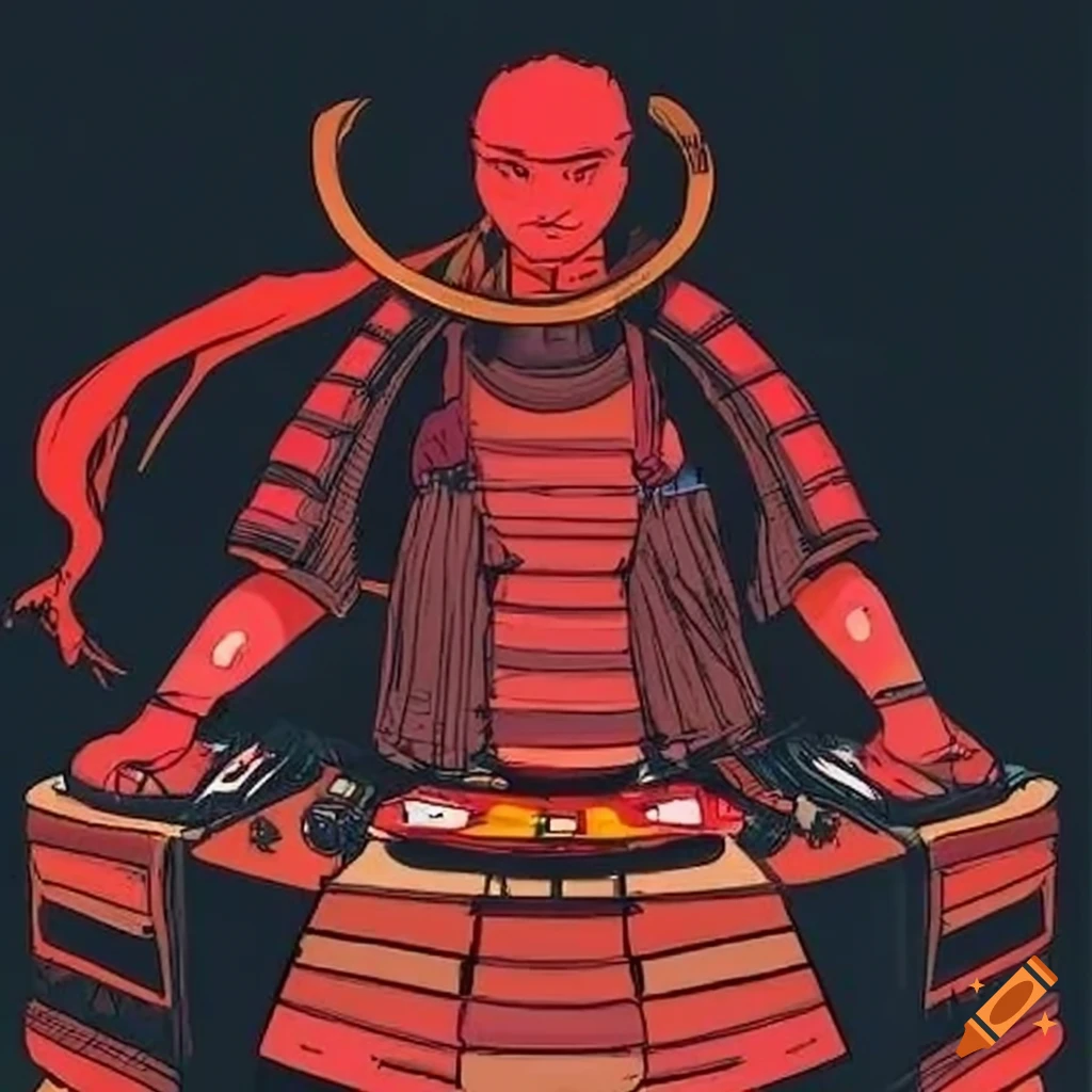 Japanese samurai techno dj in comic noir style on Craiyon