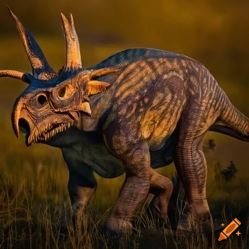 Styracosaurus pair with detailed skin texture in a prairie landscape on ...