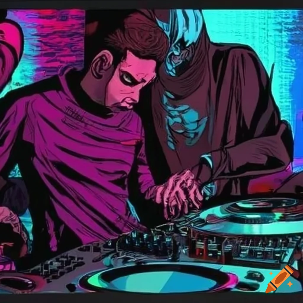 Comic noir depiction of a techno dj on Craiyon