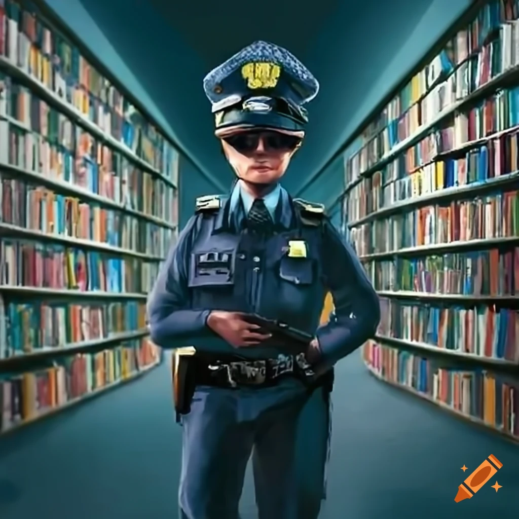 Police officer patrolling a library on Craiyon