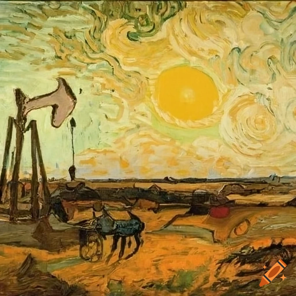 Sunset landscape of an oilfield with donkey rigs in a desert, inspired ...