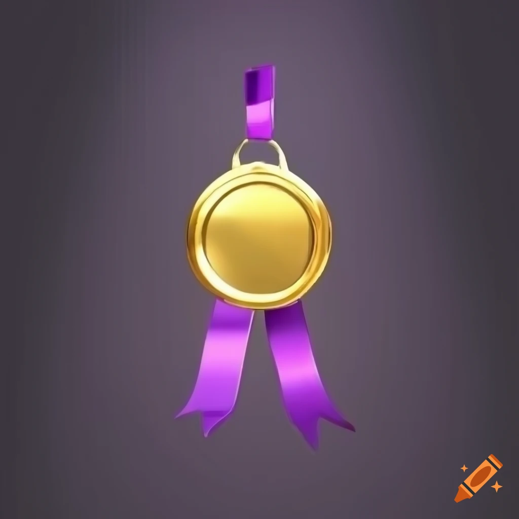 Golden medal with violet ribbon in 3d under studio lighting on Craiyon