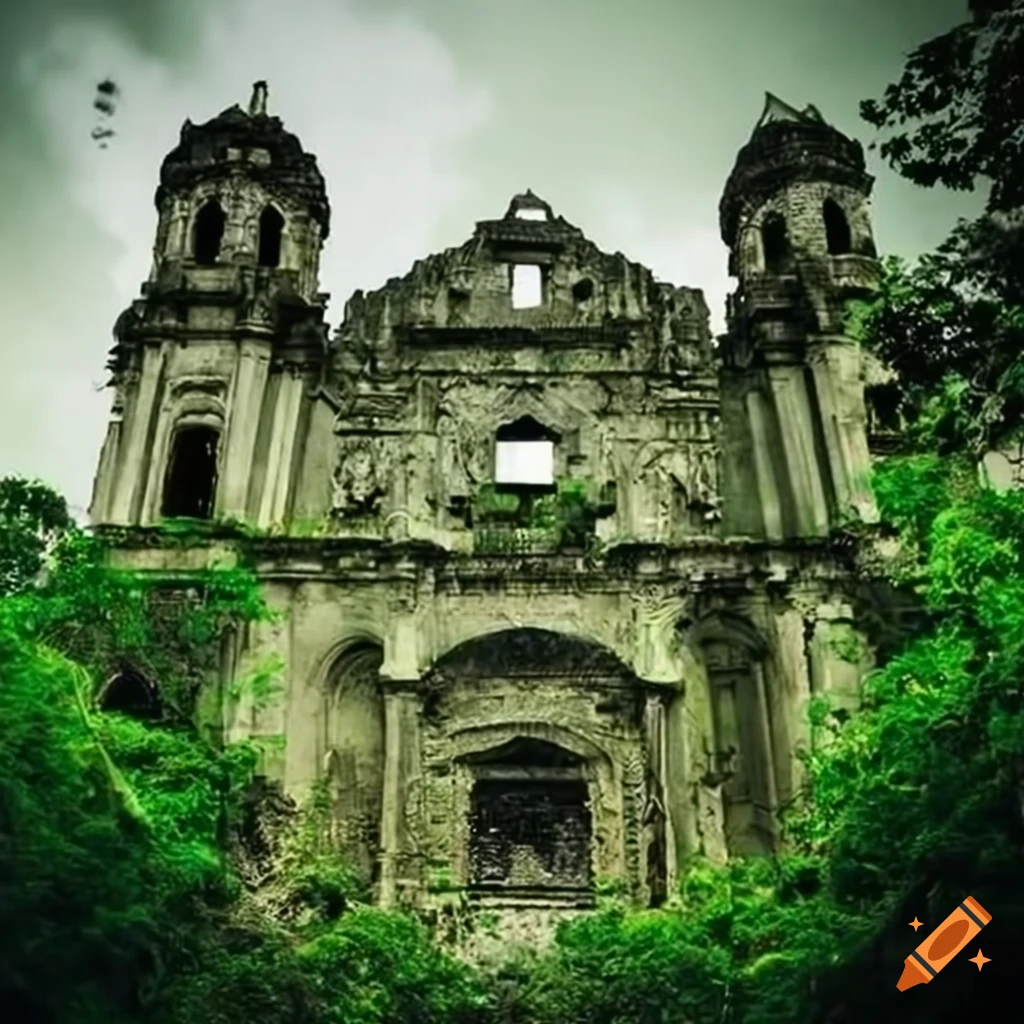 Ruins of manila cathedral covered in moss and overgrown with vegetation ...
