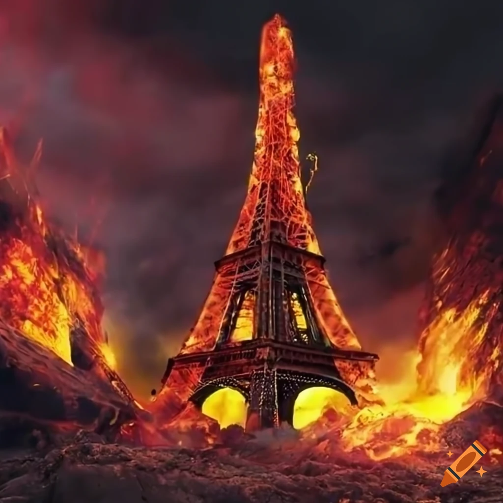 Eiffel tower ruins in flames with volcanic lava on Craiyon