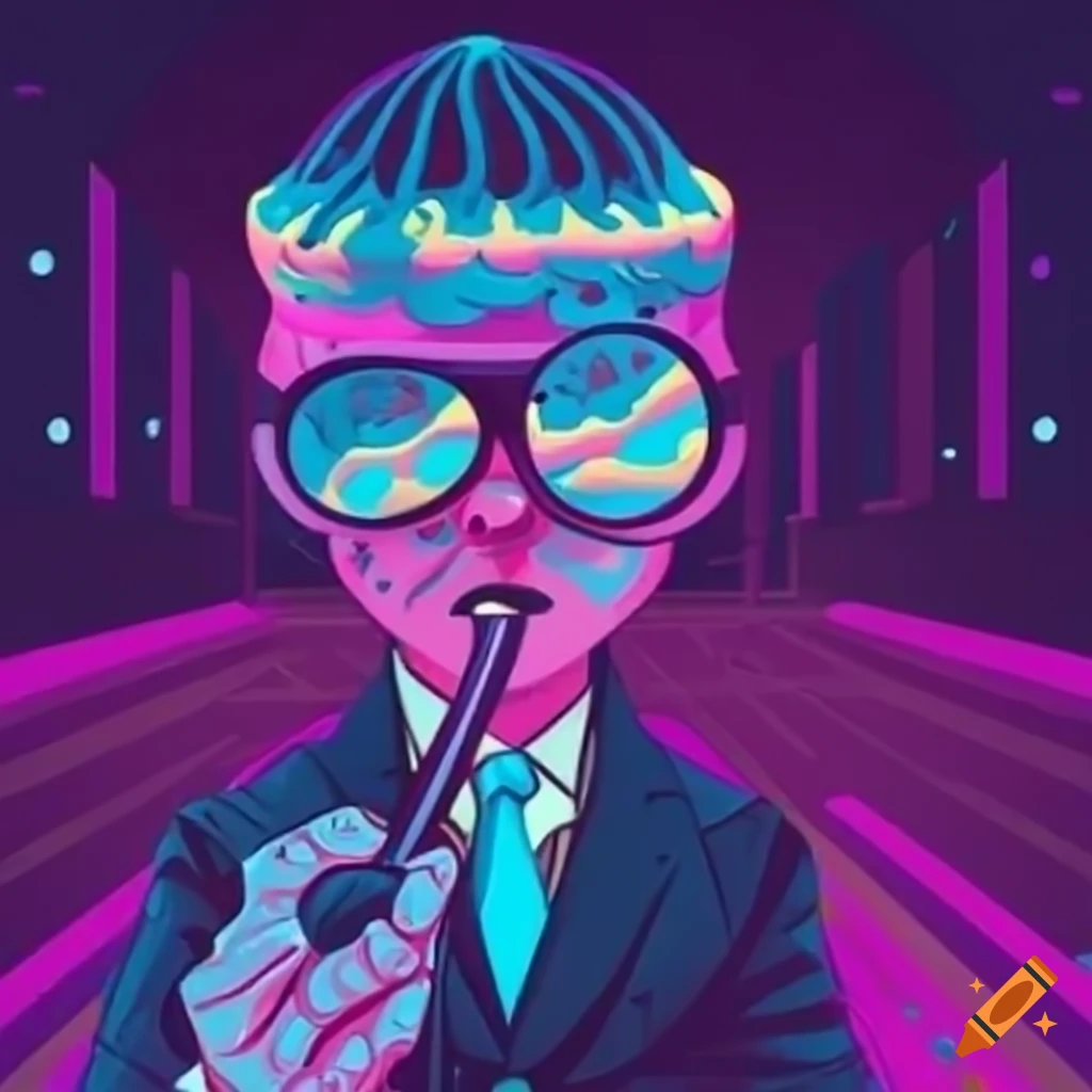 Dashing young detective with cake-shaped head in a colorful synthwave ...