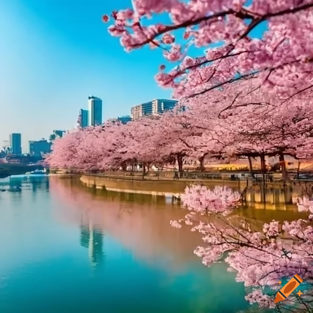 Seoul han river park with cherry blossoms on Craiyon